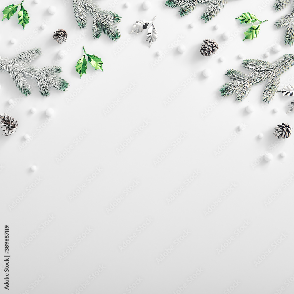 Evergreen tree branch with snow and pine cones. Square composition ...