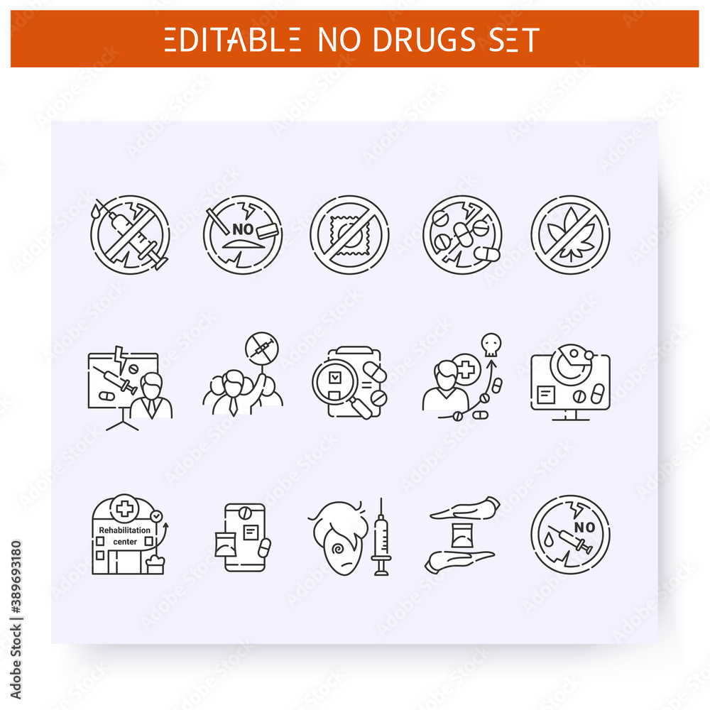 Stop drugs line icons set. International day against drug abuse ...