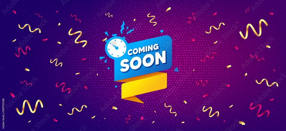 Coming soon paper banner. Festive confetti background with offer ...