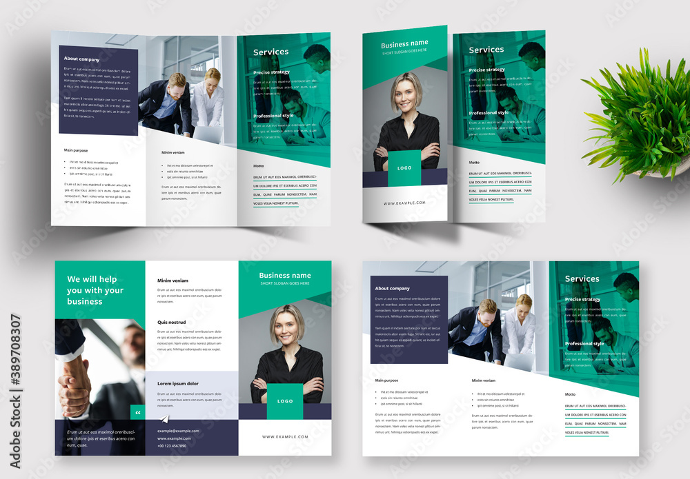 Trifold Brochure Layout with Teal Accents Stock Template | Adobe Stock