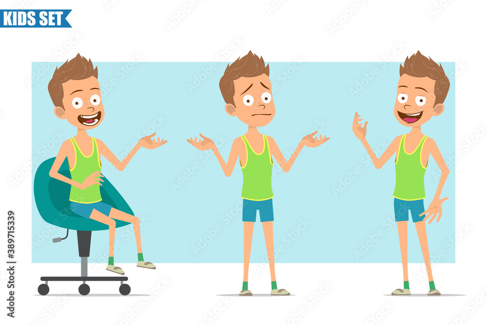 Cartoon flat funny sport boy character in green shirt and shorts. Kid ...