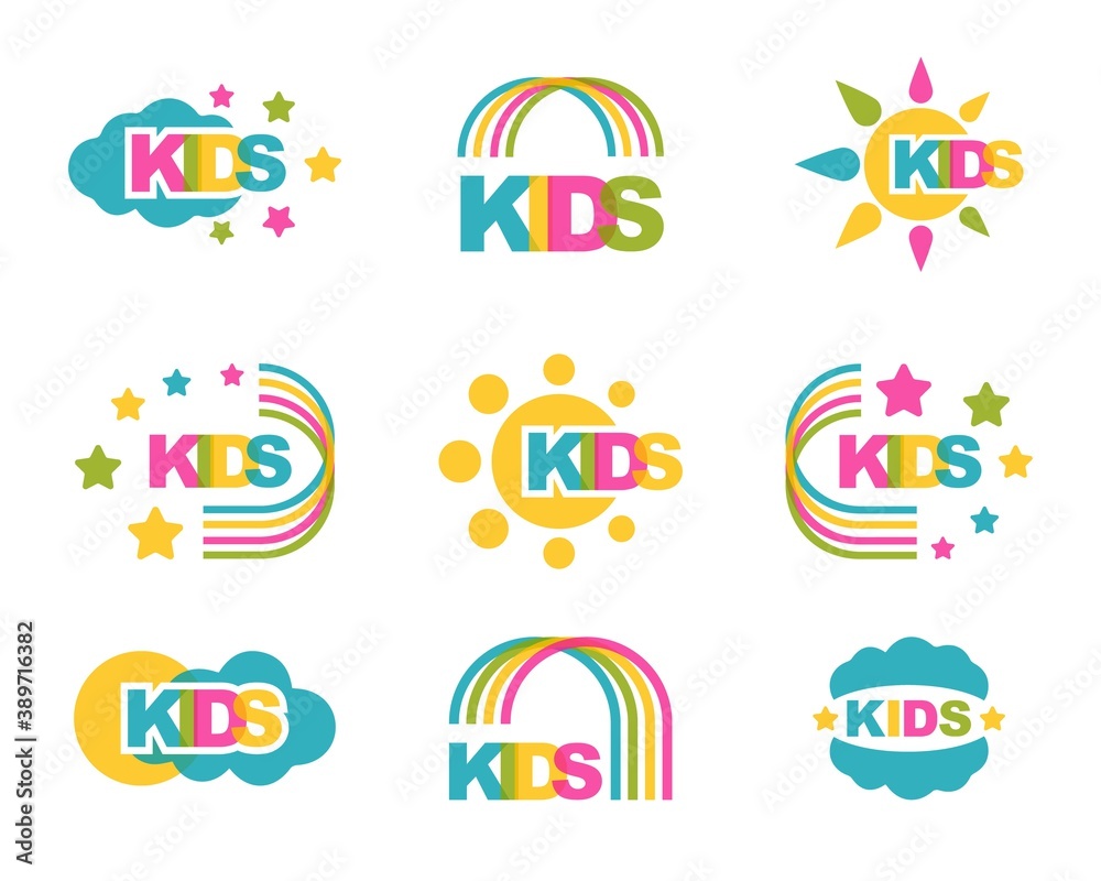 Abstract kids art logo with colorful letter and rainbow, sun, cloud on ...