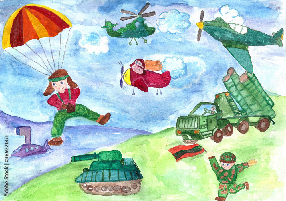 Pencil drawing of military exercises in children style. Military ...