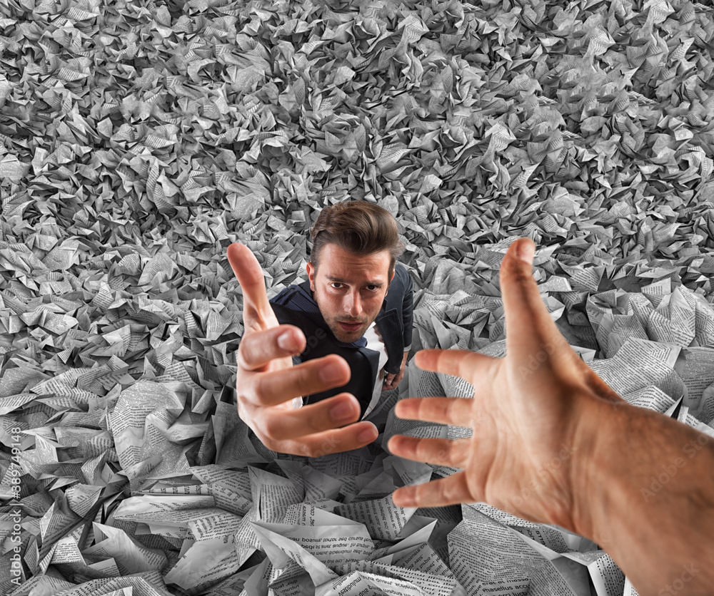 Businessman submerged by too much work needs help. Concept of overwork ...