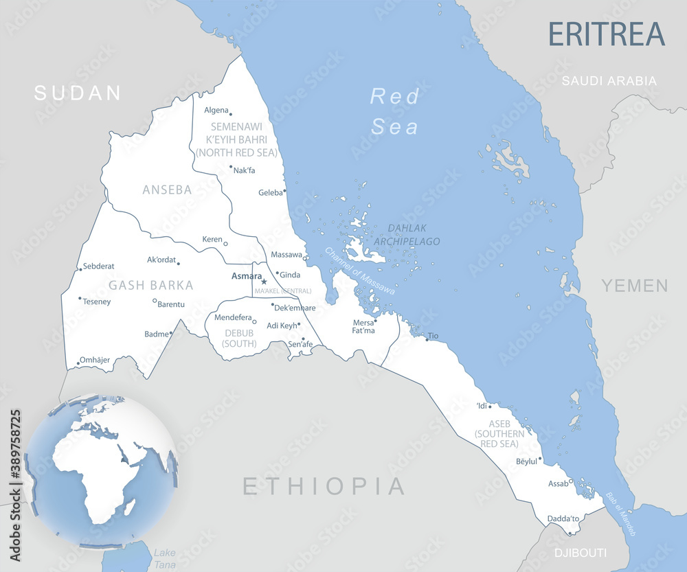 Blue-gray detailed map of Eritrea administrative divisions and location ...