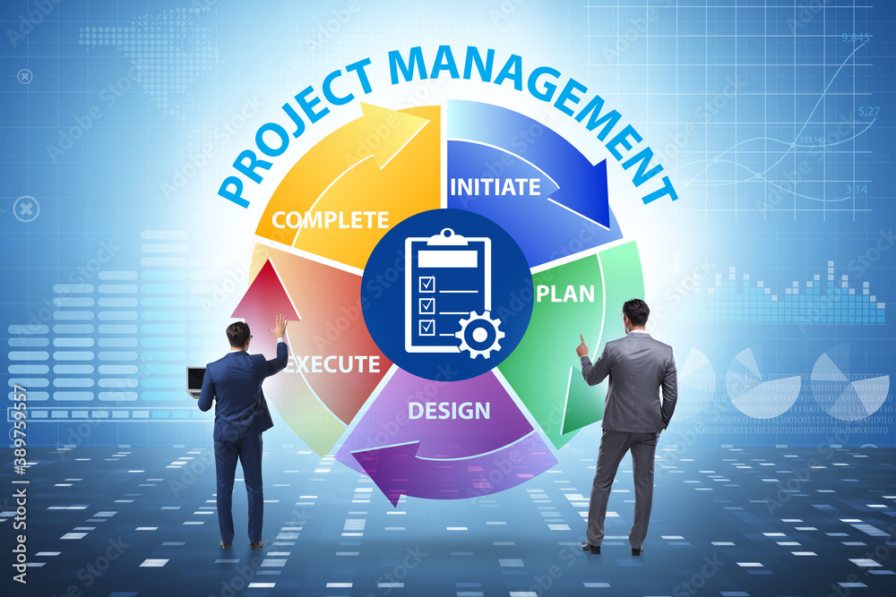 Project management concept in stages with businessman Stock Photo ...