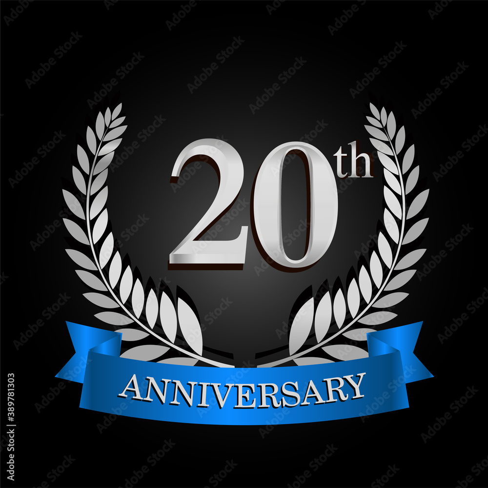 20th anniversary logo with blue ribbon and laurel wreath, vector ...