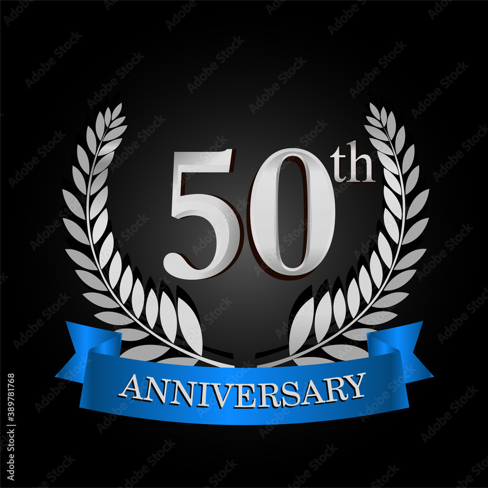 50th anniversary logo with blue ribbon and laurel wreath, vector ...