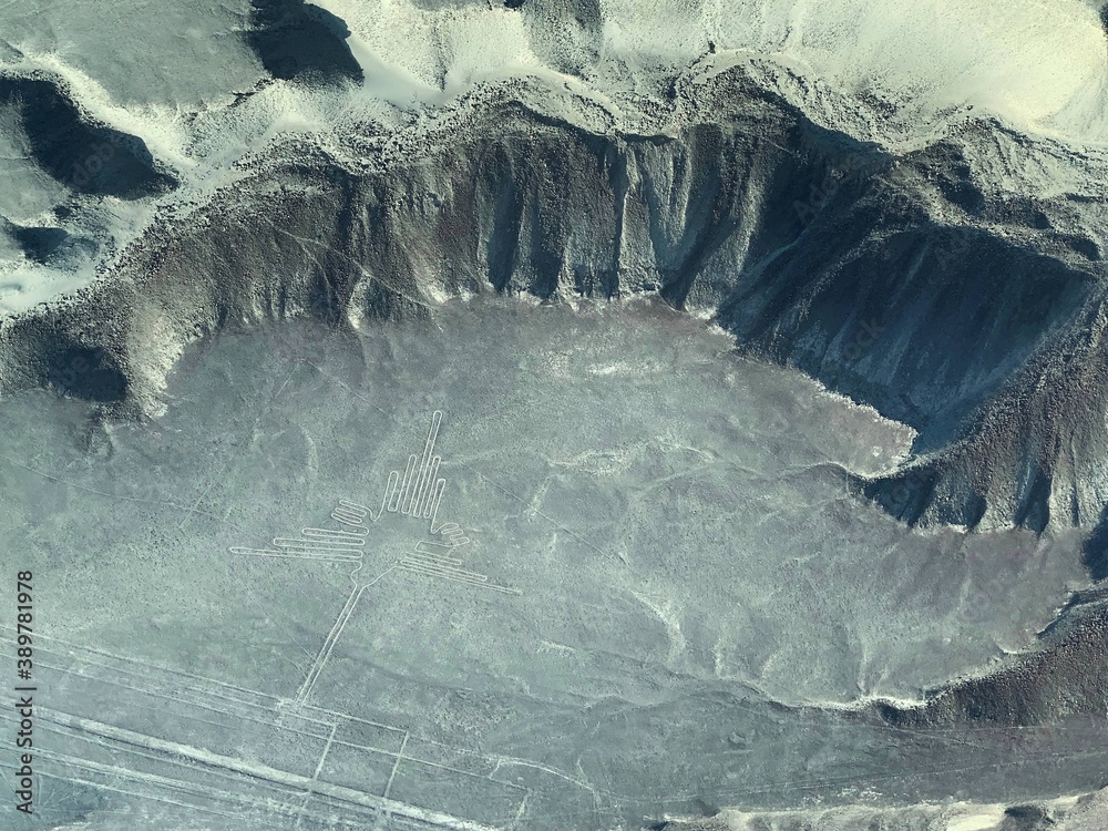 Hummingbird geoglyph in Nasca desert, Peru. Nazca bird lines on the ...