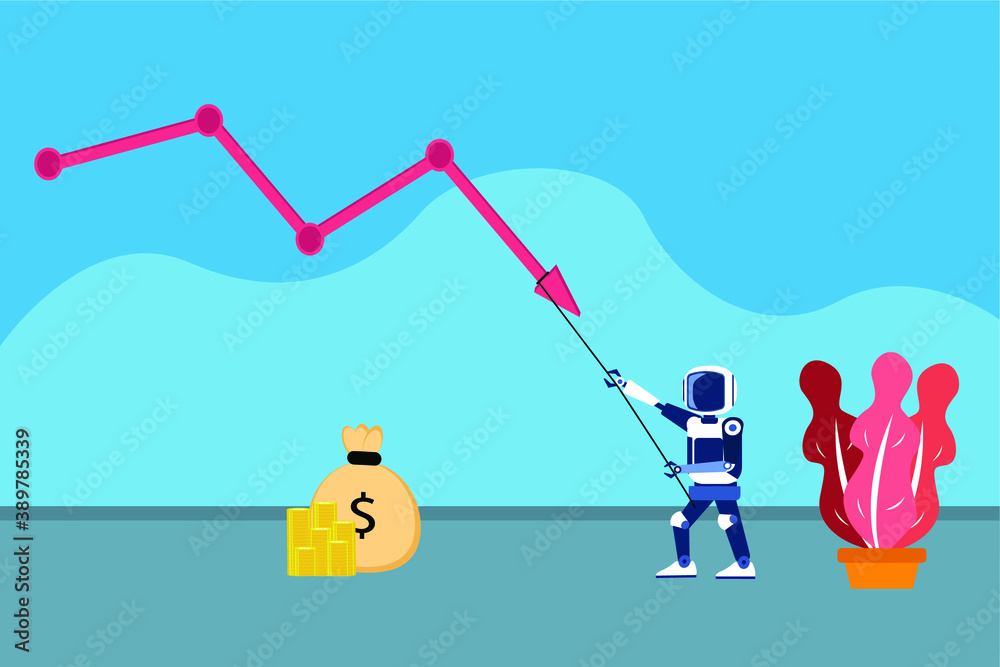 Artificial intelligence robot vector concept: Robot pulling down cost ...