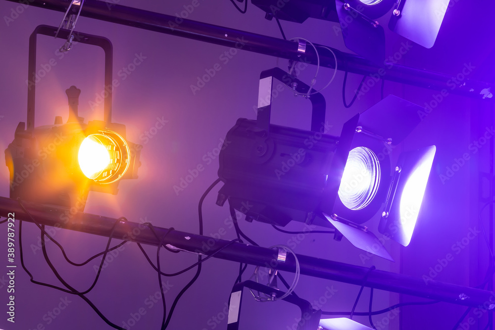 The ceiling of the theatrical scene with multi-colored lighting ...
