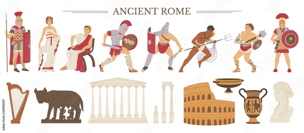 Set of symbols of ancient Rome history flat vector illustration ...