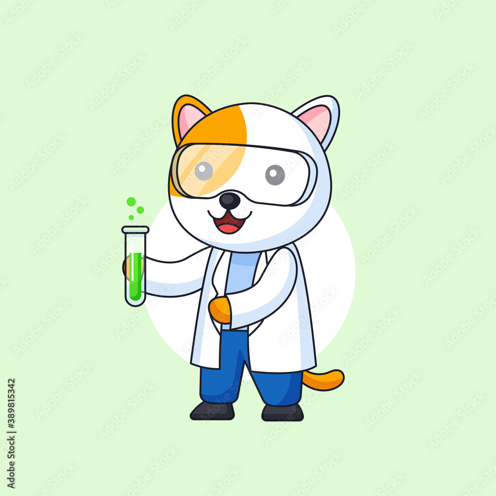 Cat wearing white coat and glasses carrying green chemical liquid ...