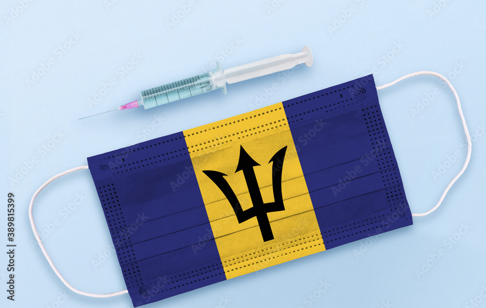 Flag of Barbados on Medical protective Surgical mask and vaccine ...