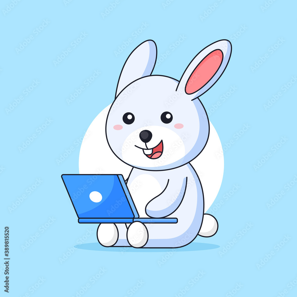 Little bunny sit sit and using computer laptop for freelance working ...