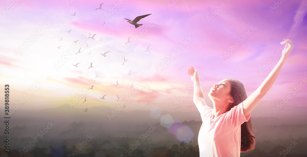 Freedom concept: Beautiful girl over sky and birds flying sunset ...