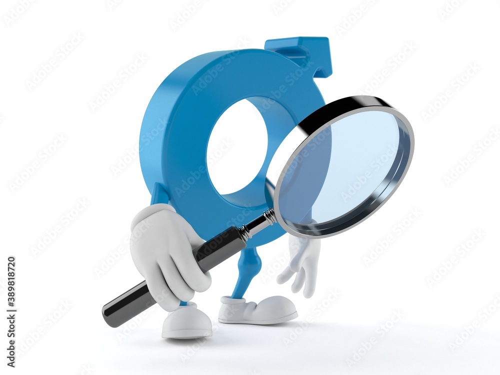 Male gender symbol character looking through magnifying glass Stock ...