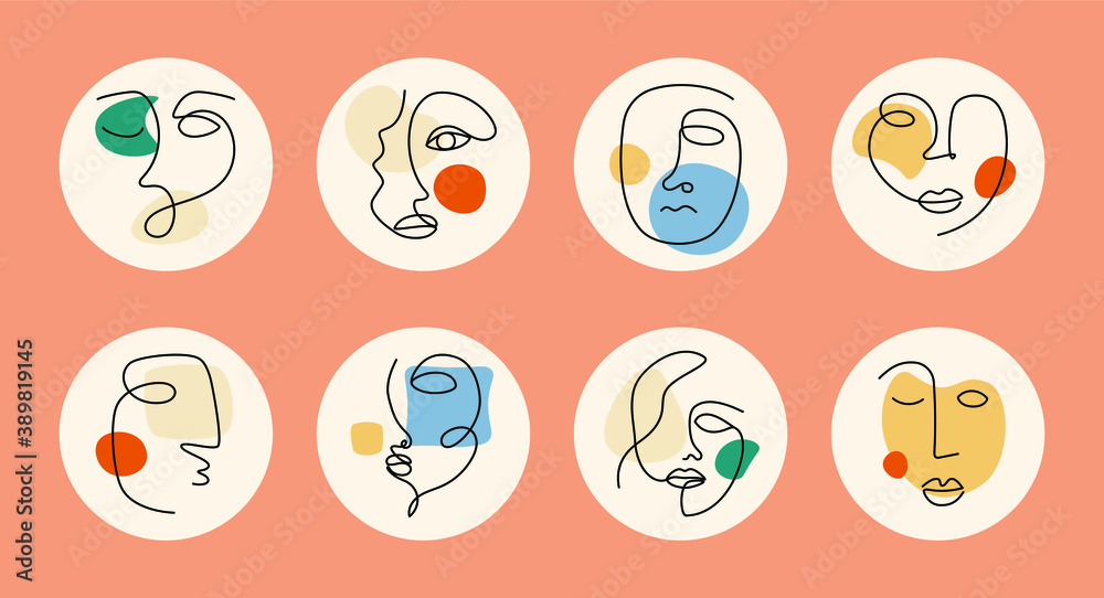 Various cubism faces, organic shapes. Abstract social media highlight ...