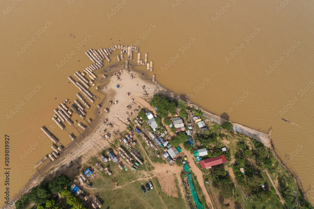 Koh Dach - Silk Island local beach, Island on Mekong river in Phnom Penh Cambodia Asia Aerial ...