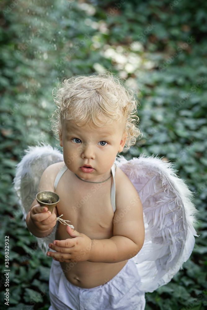 Сute little blond blue-eyed angel boy with white feather wings is ...