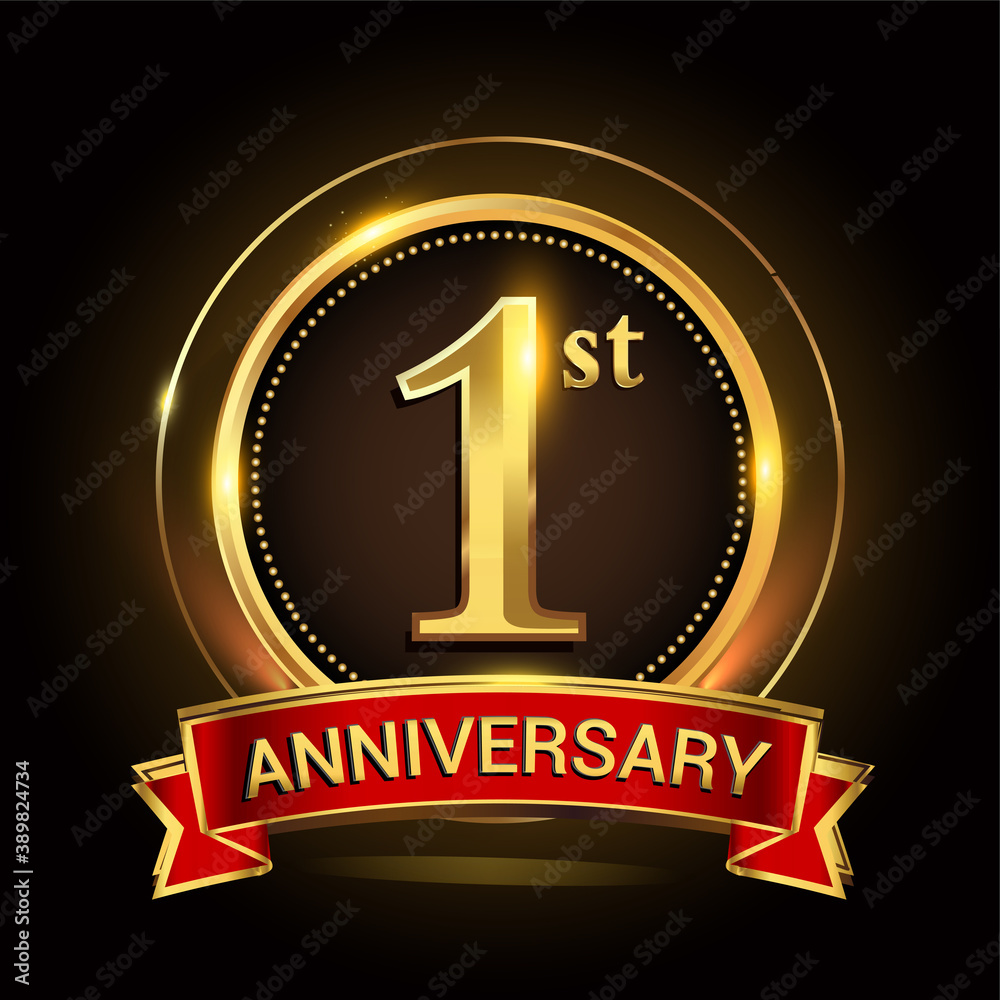 1st golden anniversary logo with ring and red ribbon. Vector design ...