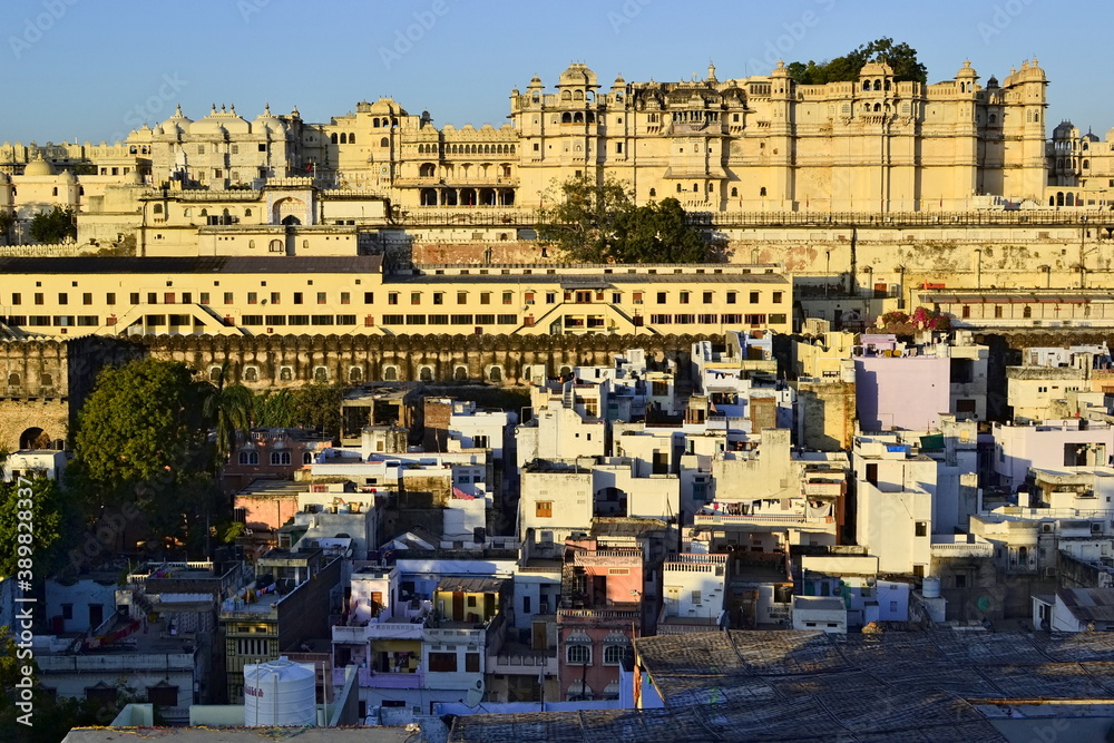 Panoramic view from a roof top to the Udaipur City Palace and old city ...