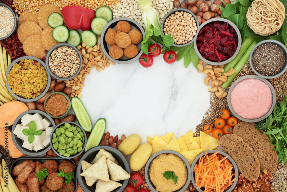 Super food for a healthy vegan lifestyle with vegetables, legumes, tofu ...