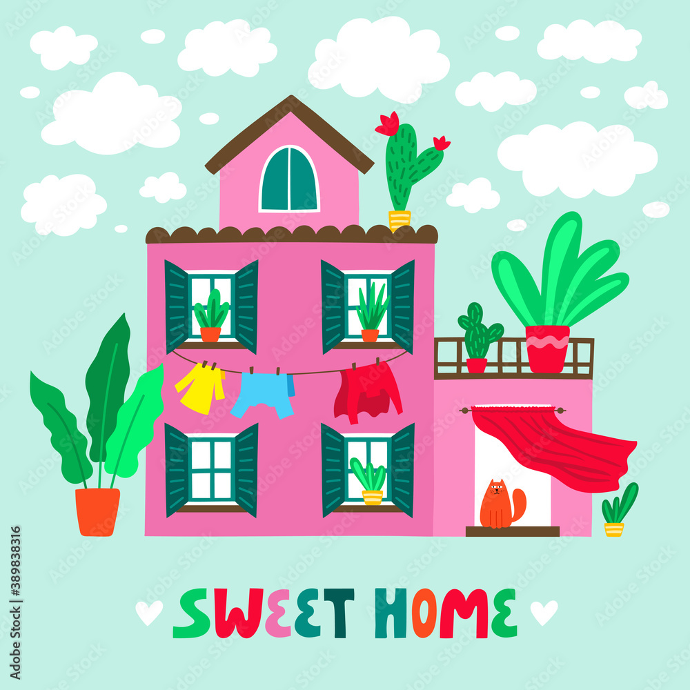 Cute family pink house with lettering phrase Sweet home Stock Vector ...