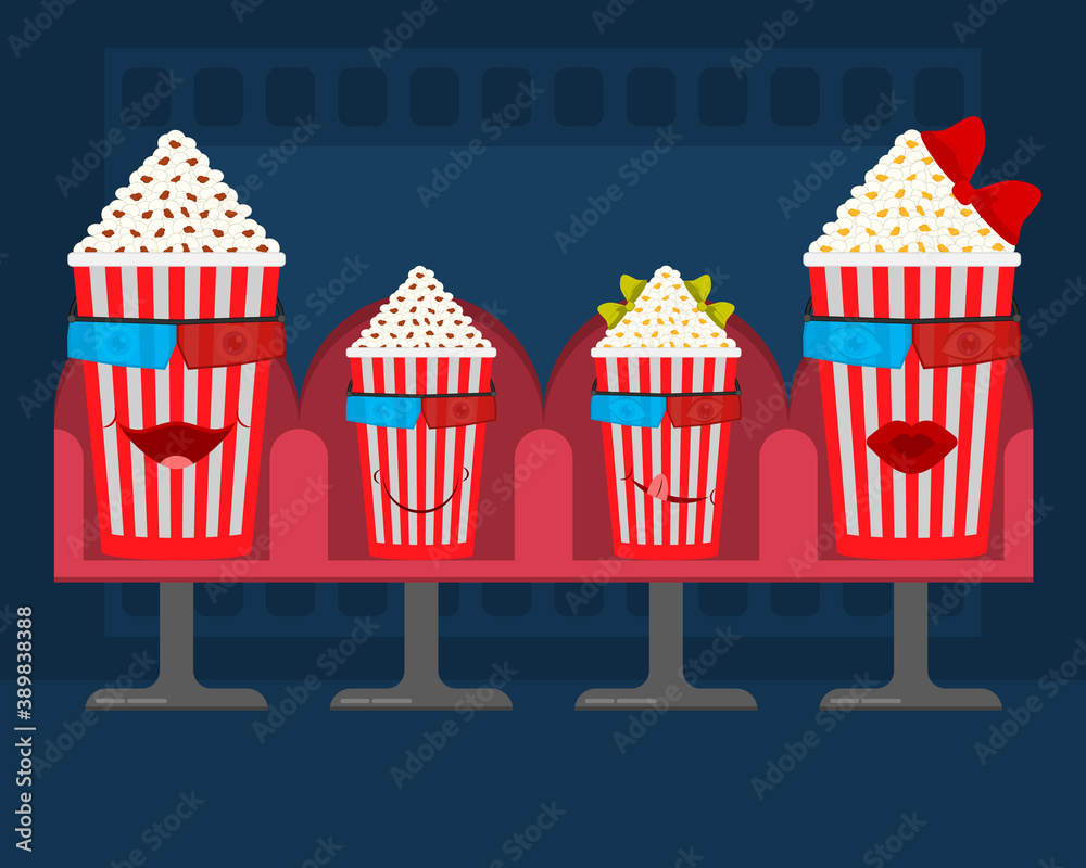 A family of popcorn in the cinema and 3D stereo glasses. Father, mother ...