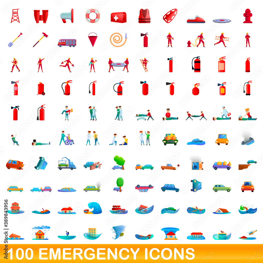 100 emergency icons set. Cartoon illustration of 100 emergency icons ...