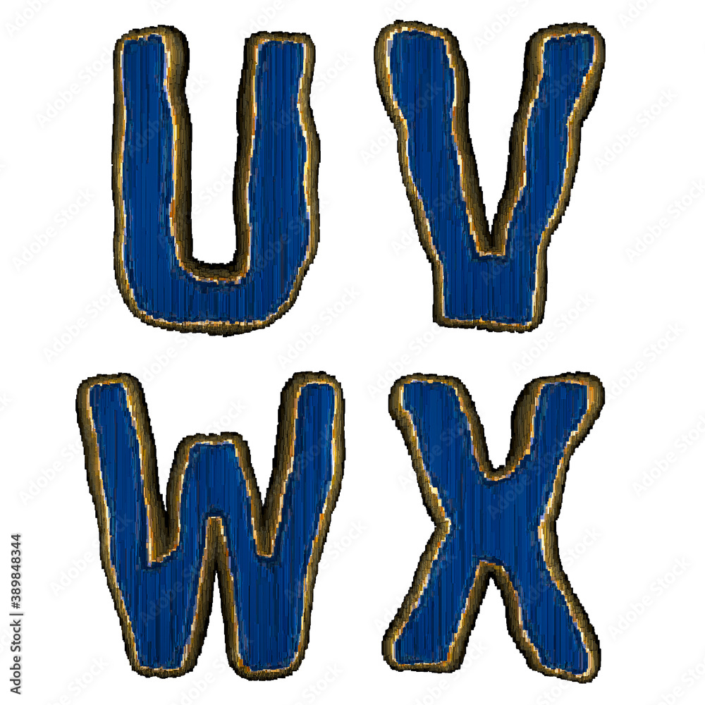 Set of alphabet letters U, V, W, X made of industrial metal blue color ...