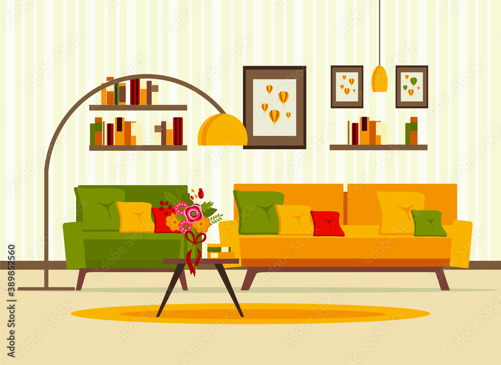 living room interior with furniture, table, shelves with books and home ...