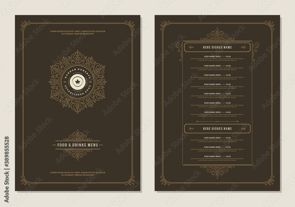 Menu design template with cover and restaurant vintage logo vector ...