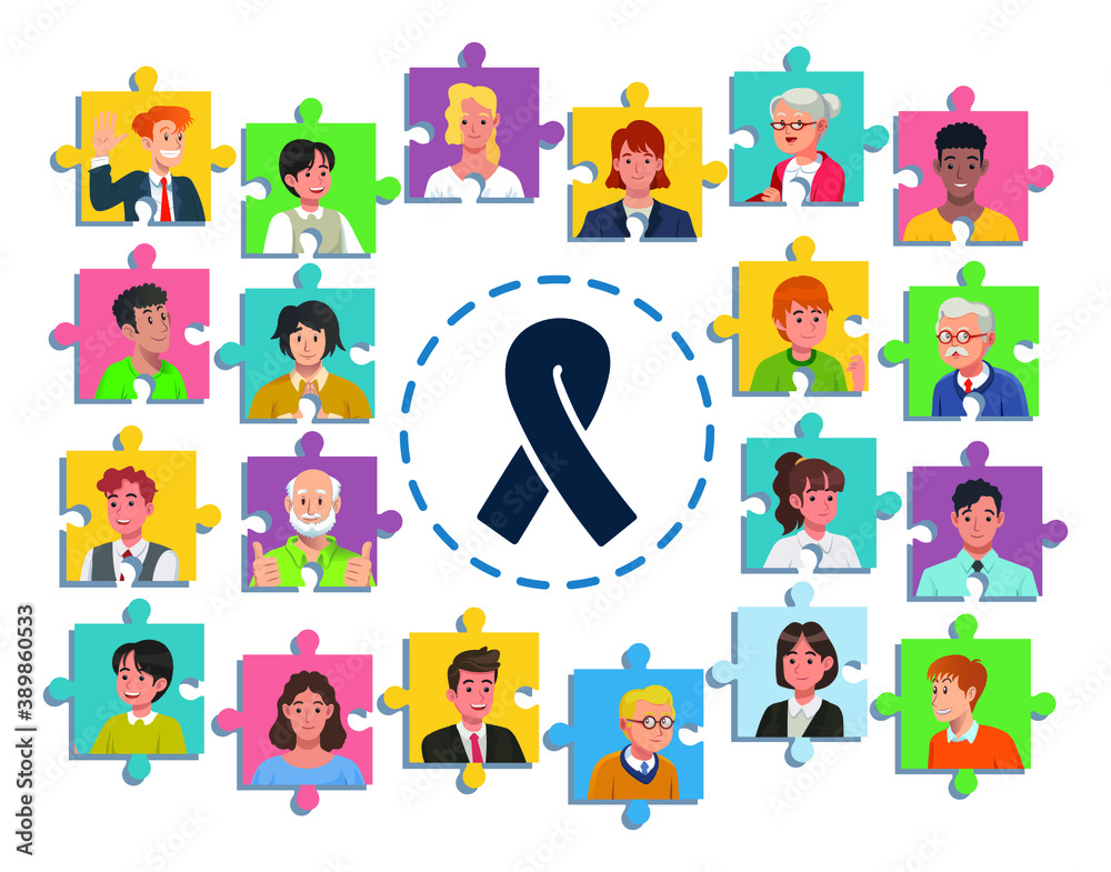 Puzzle pieces collage of people portraits mixed age and huge cancer ...