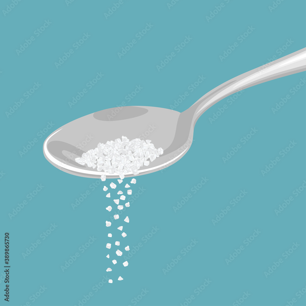 Salt pouring from a metal spoon isolated on a blue background. Vector ...
