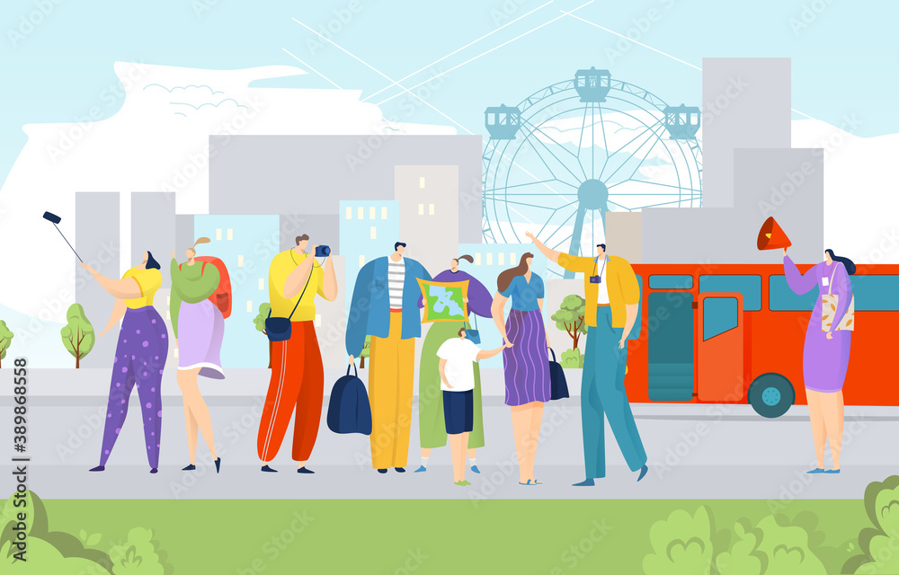 Tourism excursion in city, people travel group near tour bus, vector ...