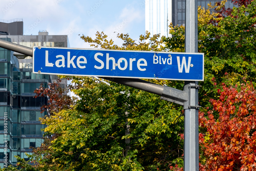 Toronto, Canada - October 28, 2020: Lake Shore Boulevard street sign in ...