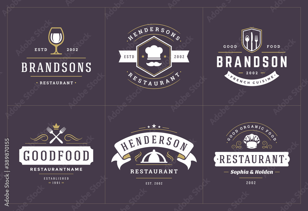 Restaurant logos templates set vector illustration good for menu labels ...