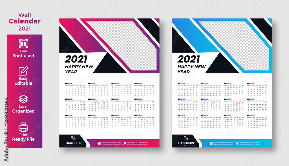 Wall Calendar Template for 2021 year in clean minimal table simple ...