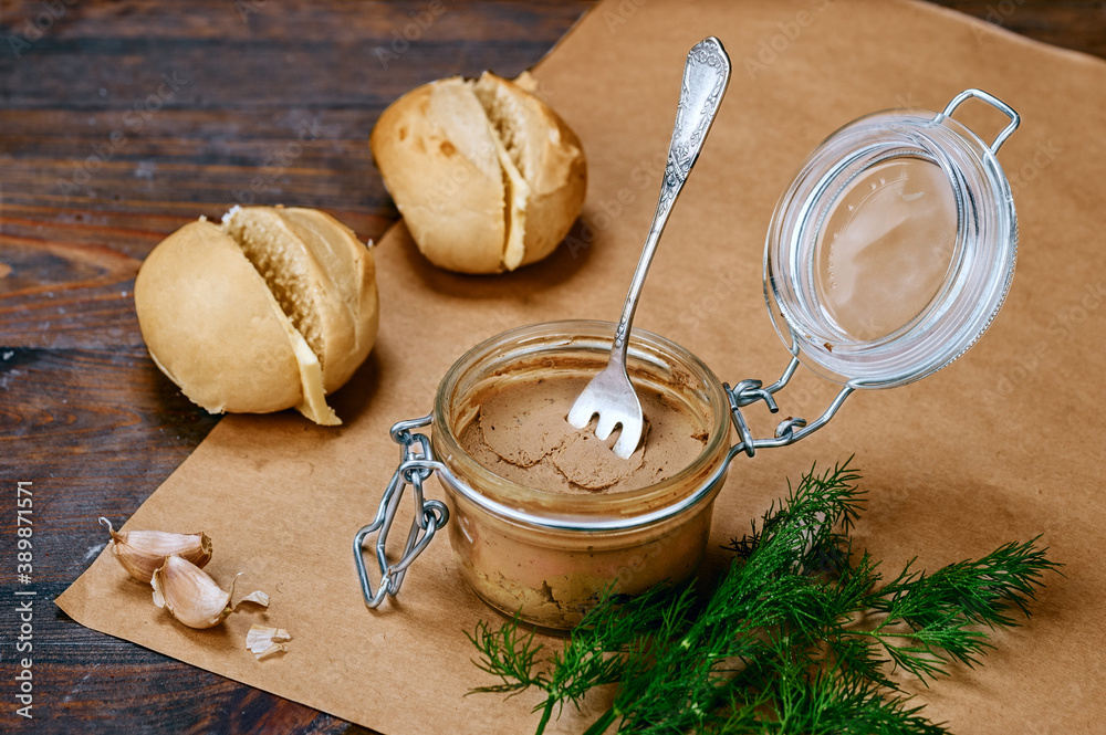 Traditional French food goose liver foie gras with white bread, butter ...
