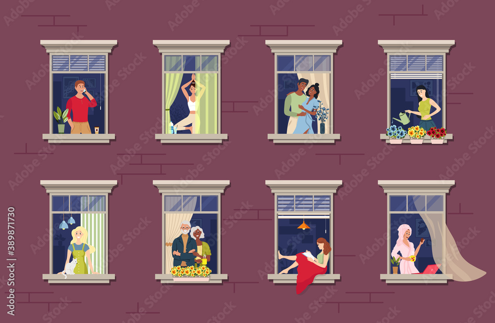 People in window frames.Stay home concept.Neighbors that live in ...