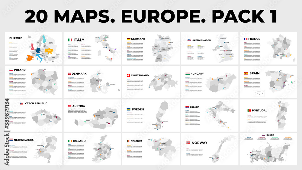 20 Europe vector map infographics template. Included United Kingdom ...