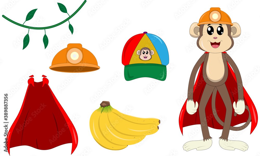 Cute Cartoon Monkey with Red Cape, Miner Hat, Cap, Banana and Leaf ...