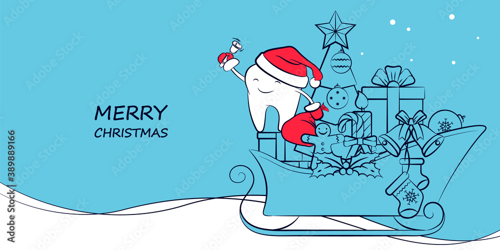 A smiling tooth in a Santa Claus hat and sled with Christmas symbols ...
