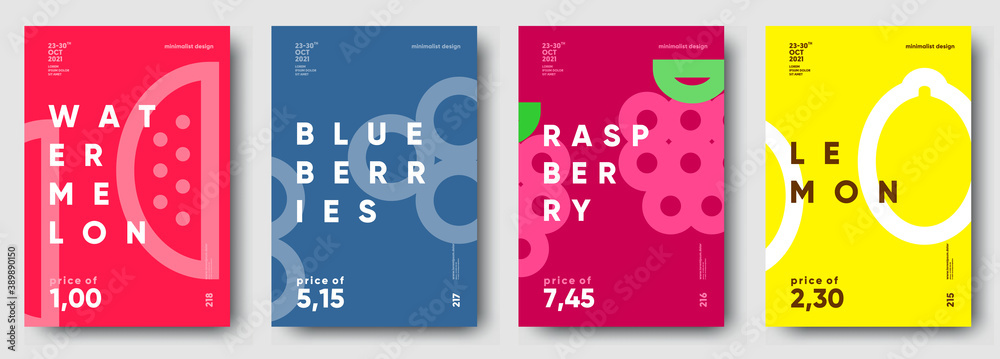 Vector illustrations. Set of minimalistic fruit posters or price tags ...