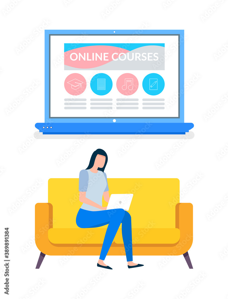 Online study and learning vector, woman working on laptop, student with ...
