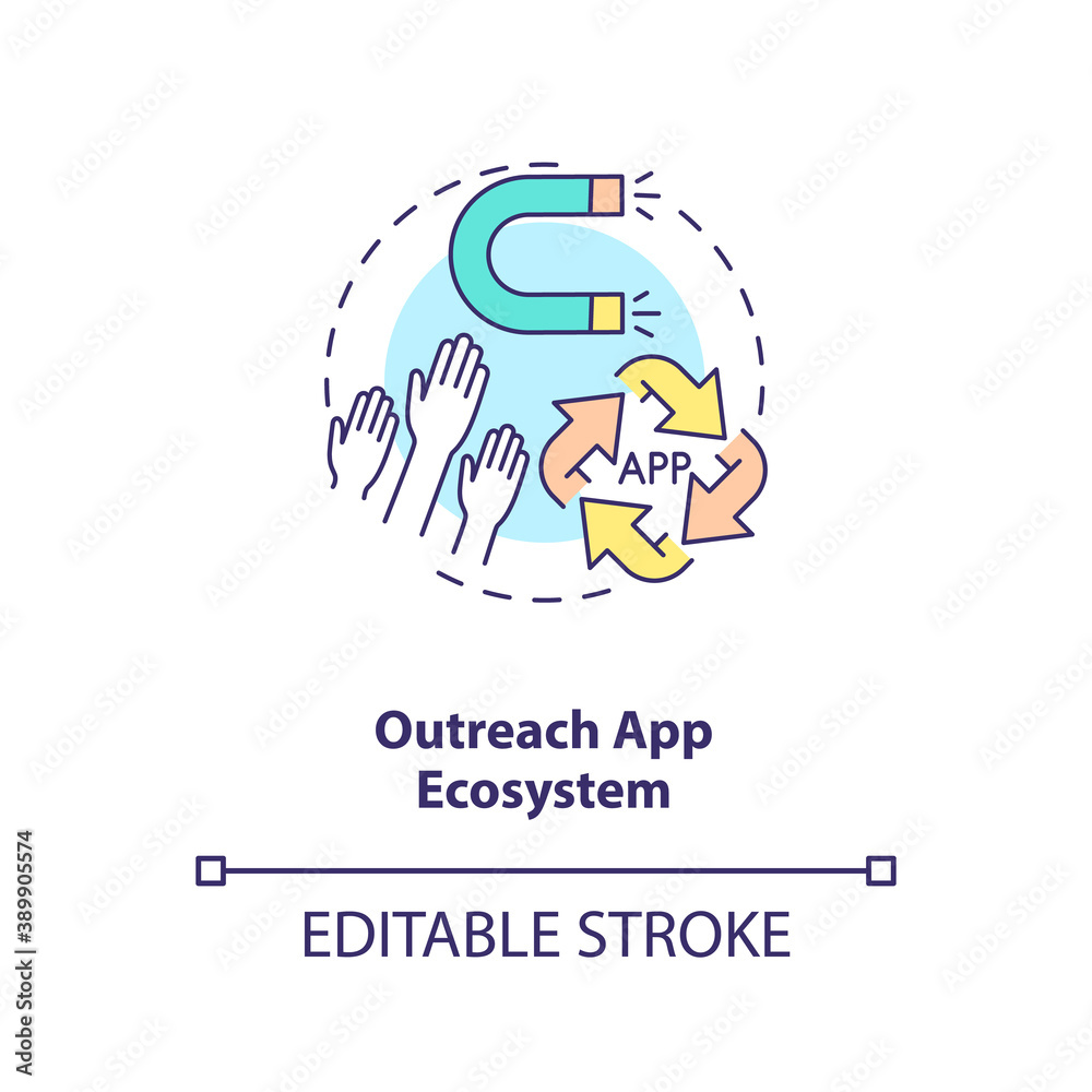 Outreach app ecosystem concept icon. App marketing tips. Reach target ...
