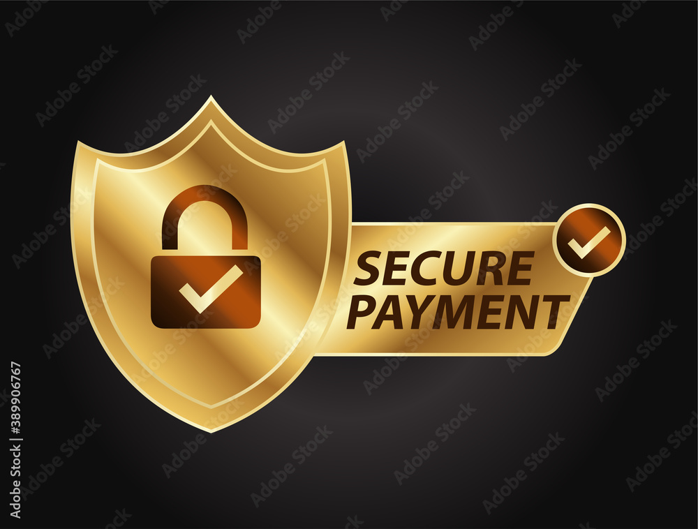 secure payment, text with pad lock with tick mark golden vector ...