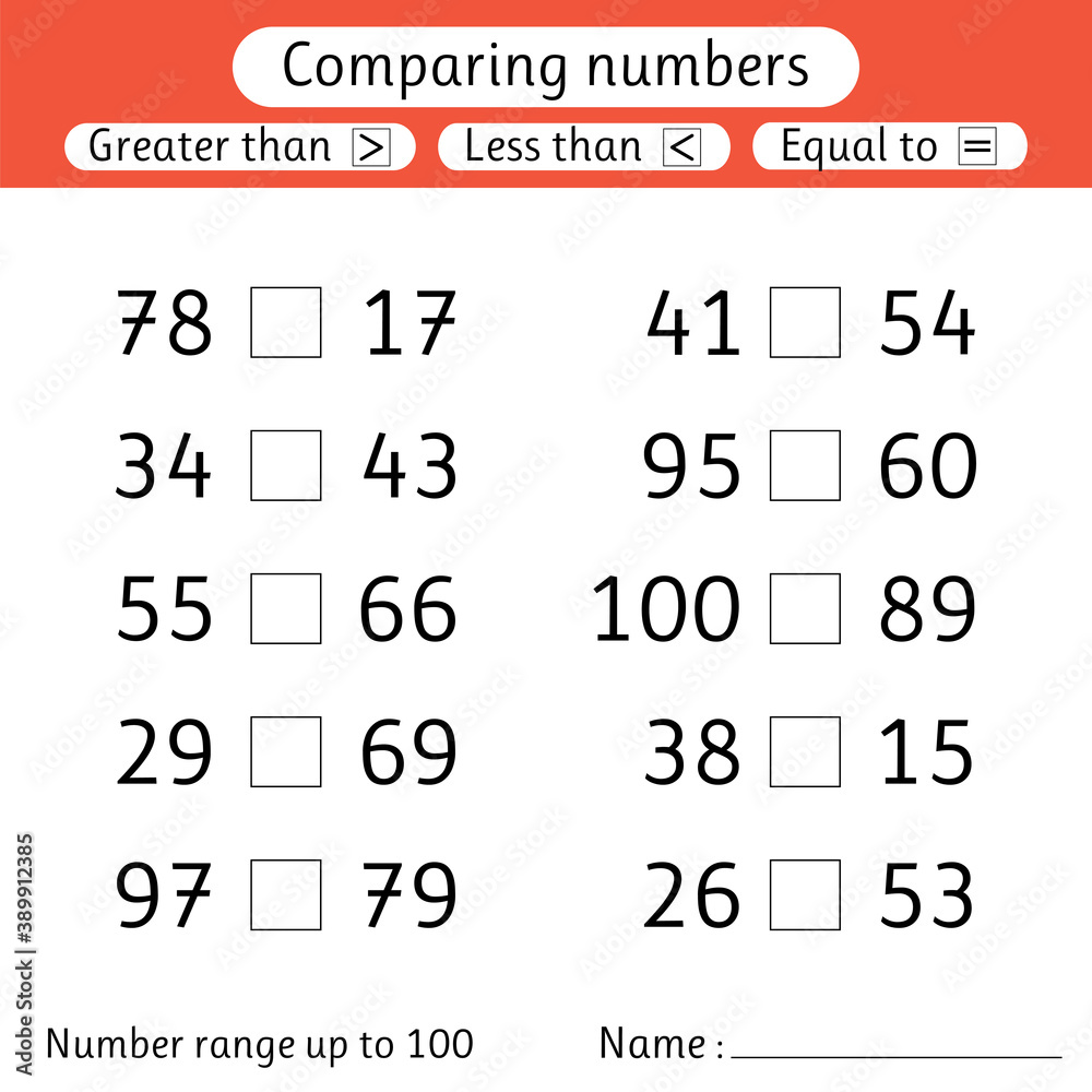 Comparing numbers. Less than, greater than, equal to. Number range up ...