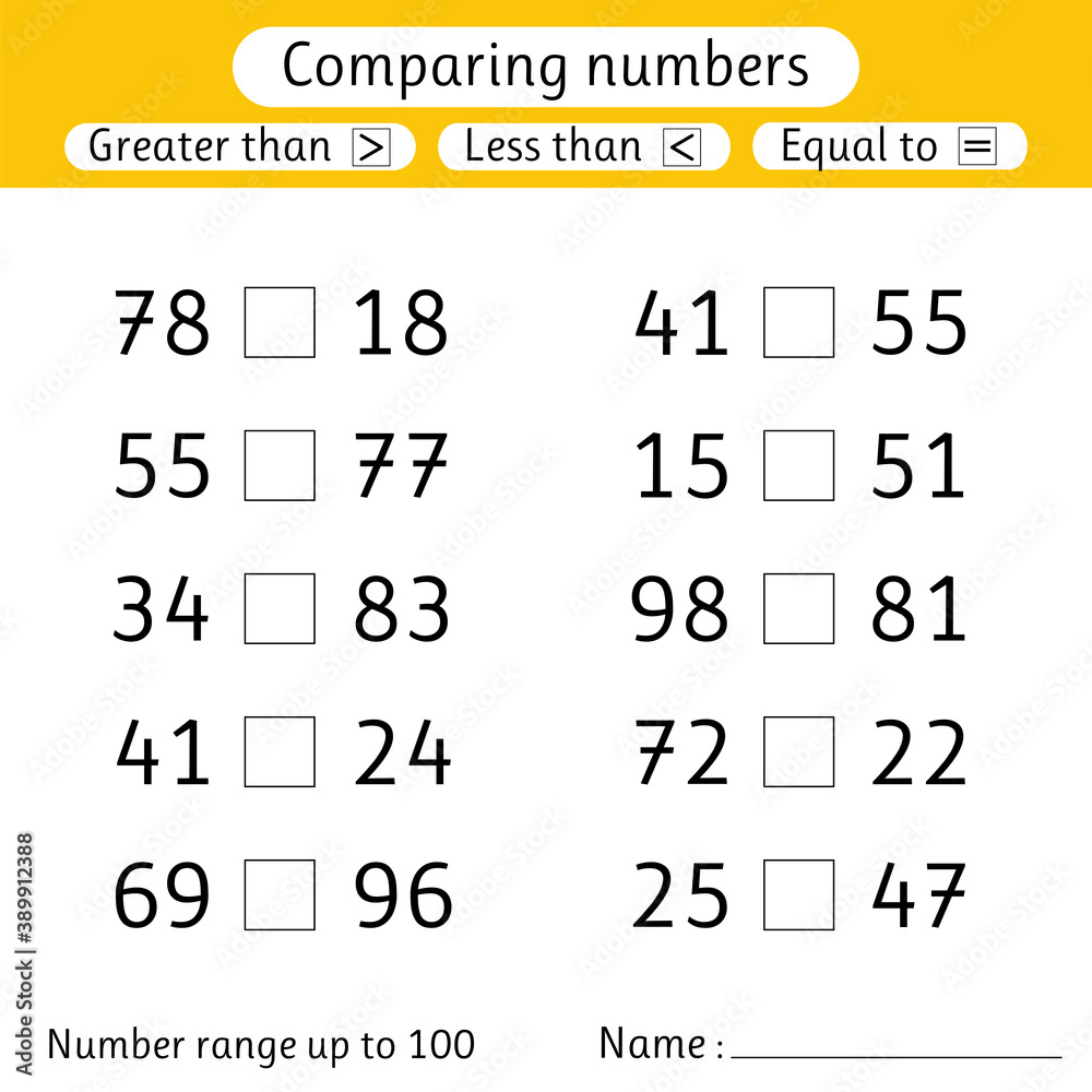 Comparing numbers. Less than, greater than, equal to. Number range up ...